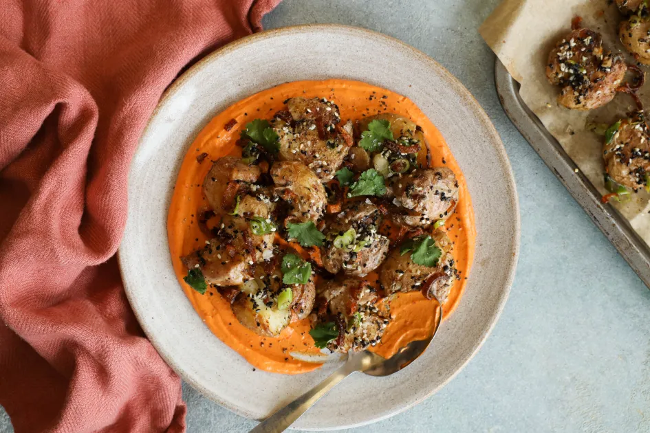 Za'atar Smashed Roasties with Whipped Harissa Tofu | BOSH!